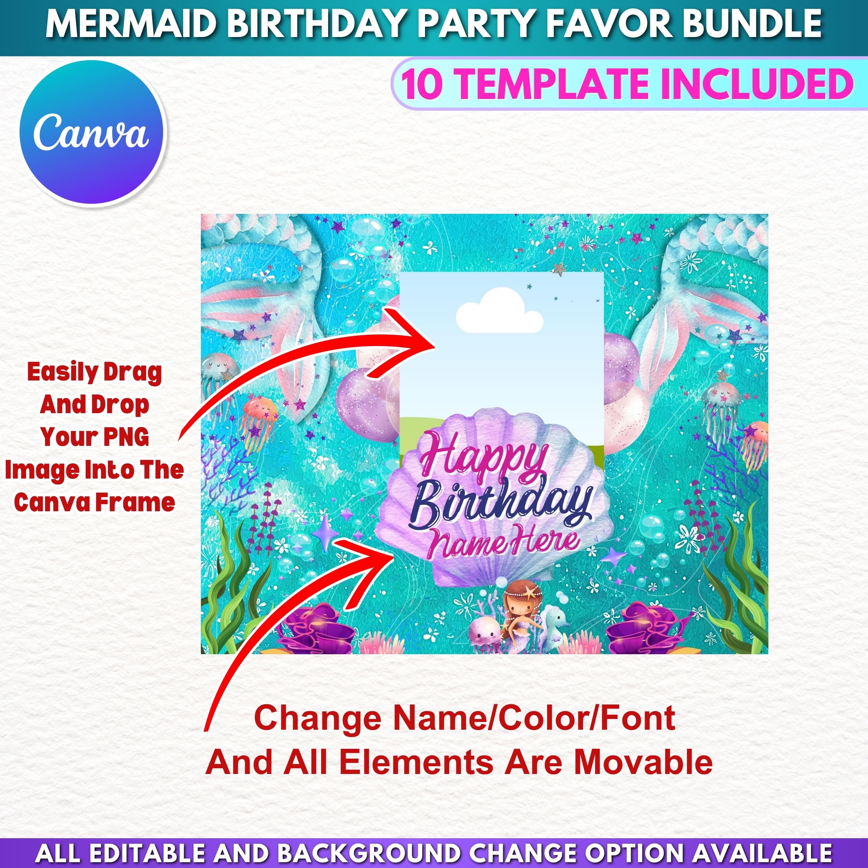 10x Mermaid Theme Birthday Party Favor Template Bundle, Canva Fully ...