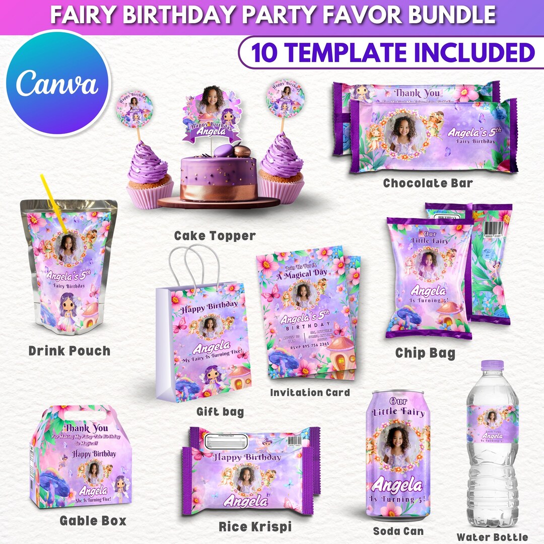 10x Fairy Theme Birthday Party Favor Template Bundle, Canva Editable ...