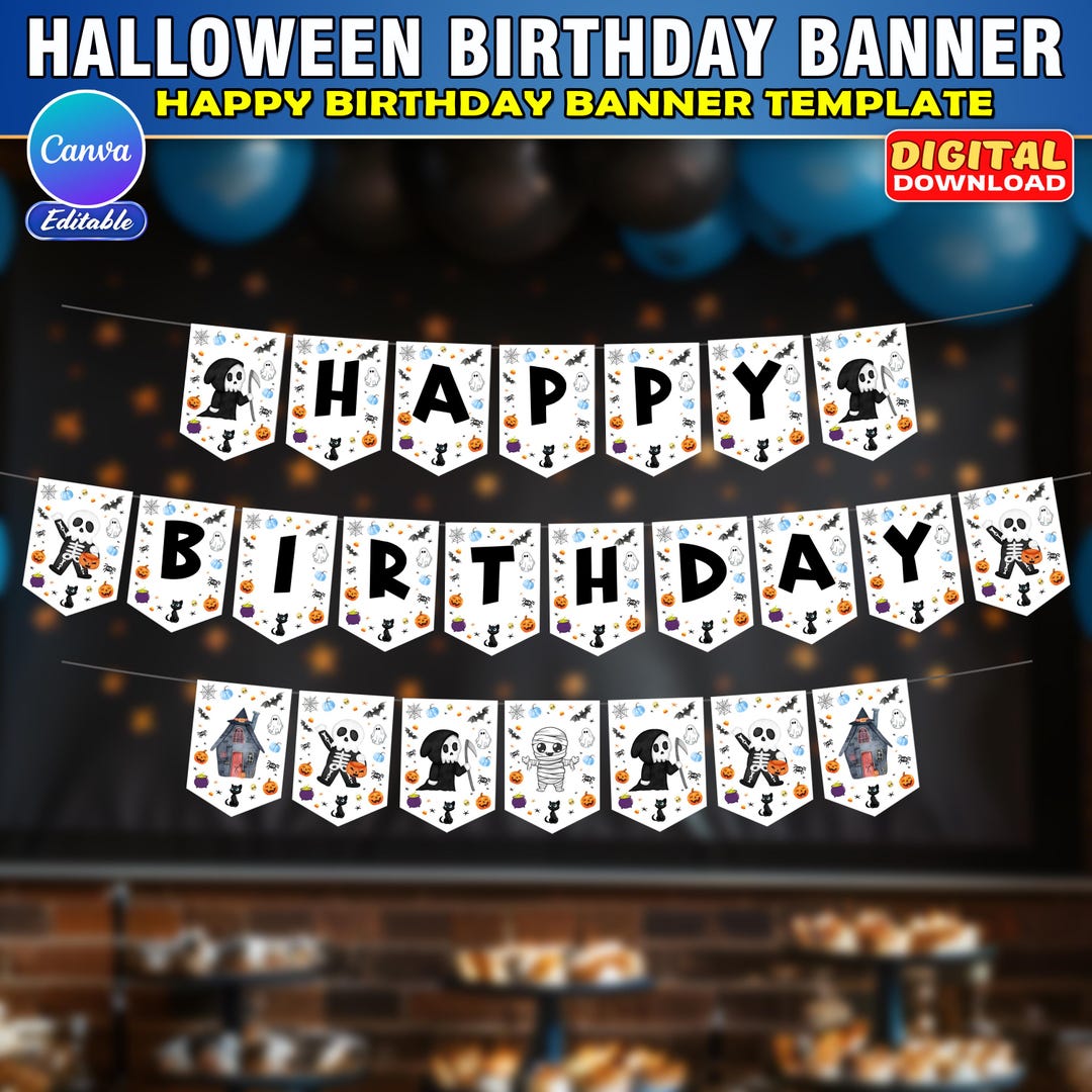 Canva EDITABLE Halloween Happy Birthday Banner, Halloween Birthday ...