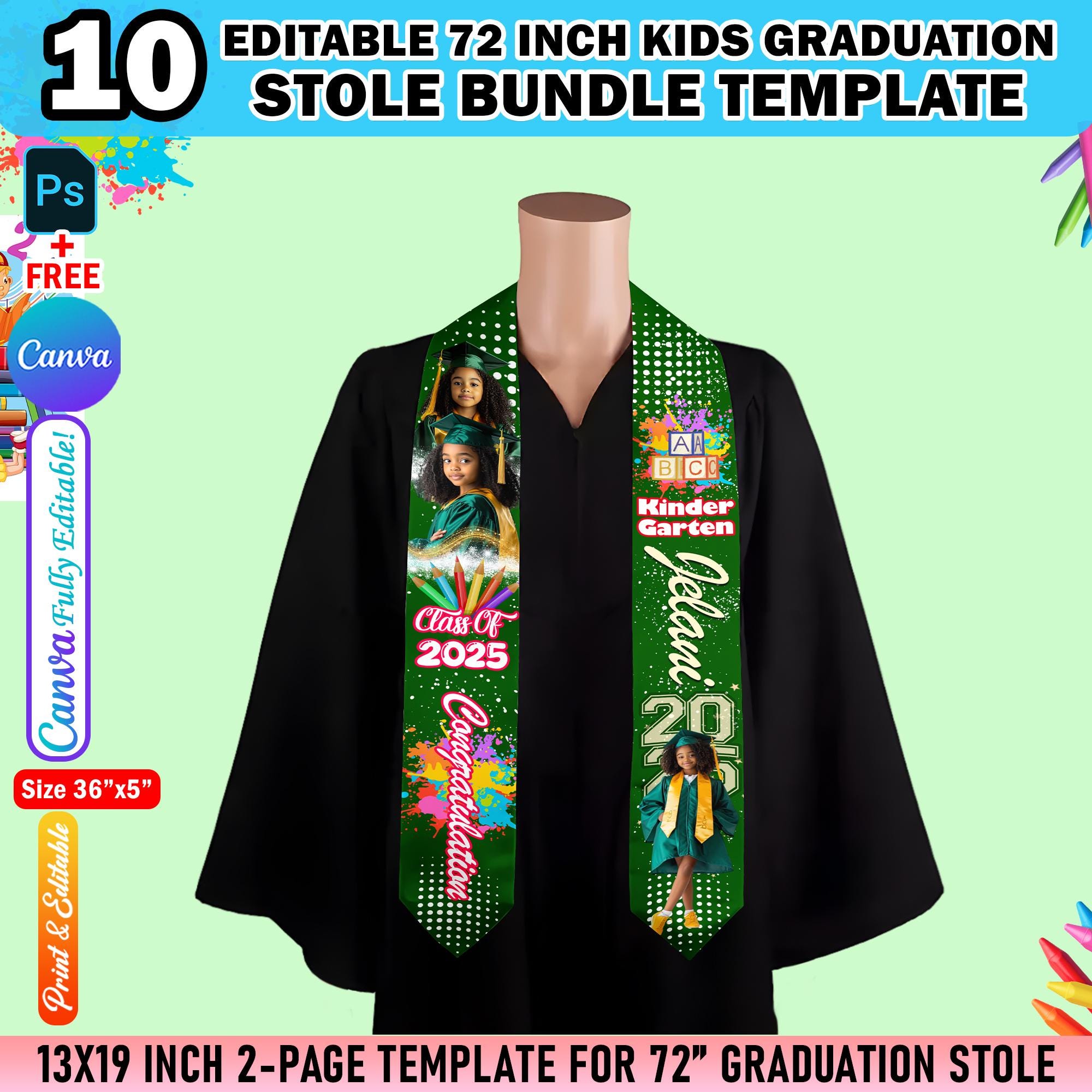 10X PSD + Canva Kids Graduation Stole Template Design Bundle for ...