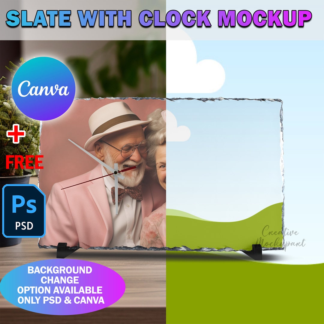 Canva Frame Rectangle Slate With Clock Mockup for Sublimation, Photo ...
