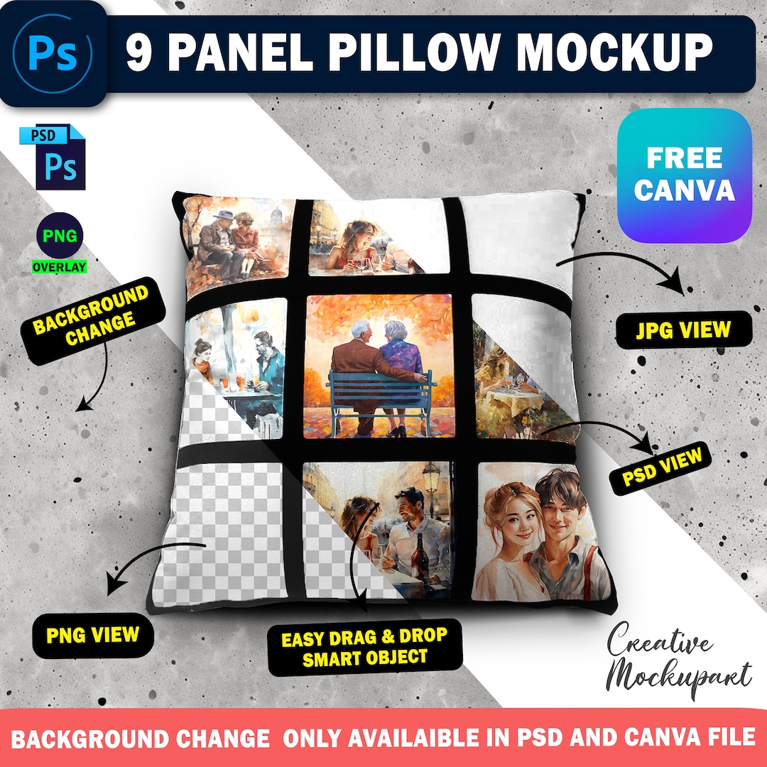Dye Sublimation 9 Panel Pillow Mockup, 9 Panel Cushion Cover Mockup ...