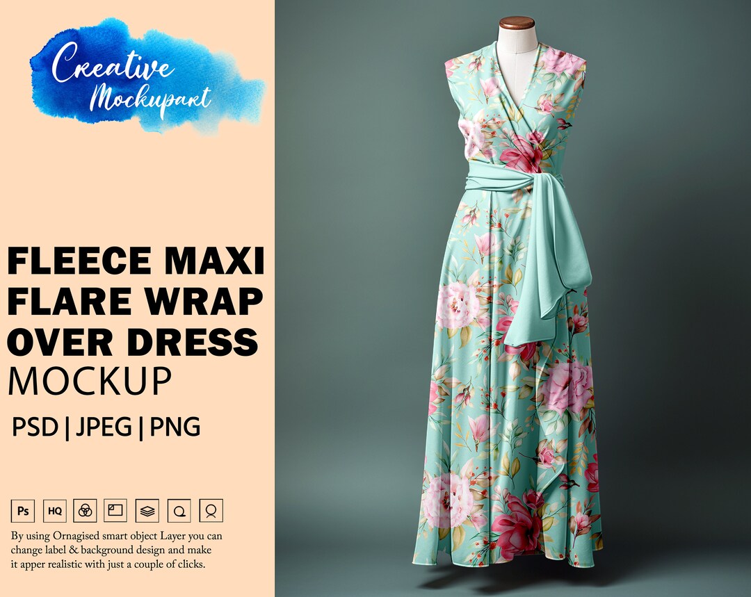 Fleece Maxi Flare Wrap Over Dress Mockup | Long Maxi Dress Mockup ...
