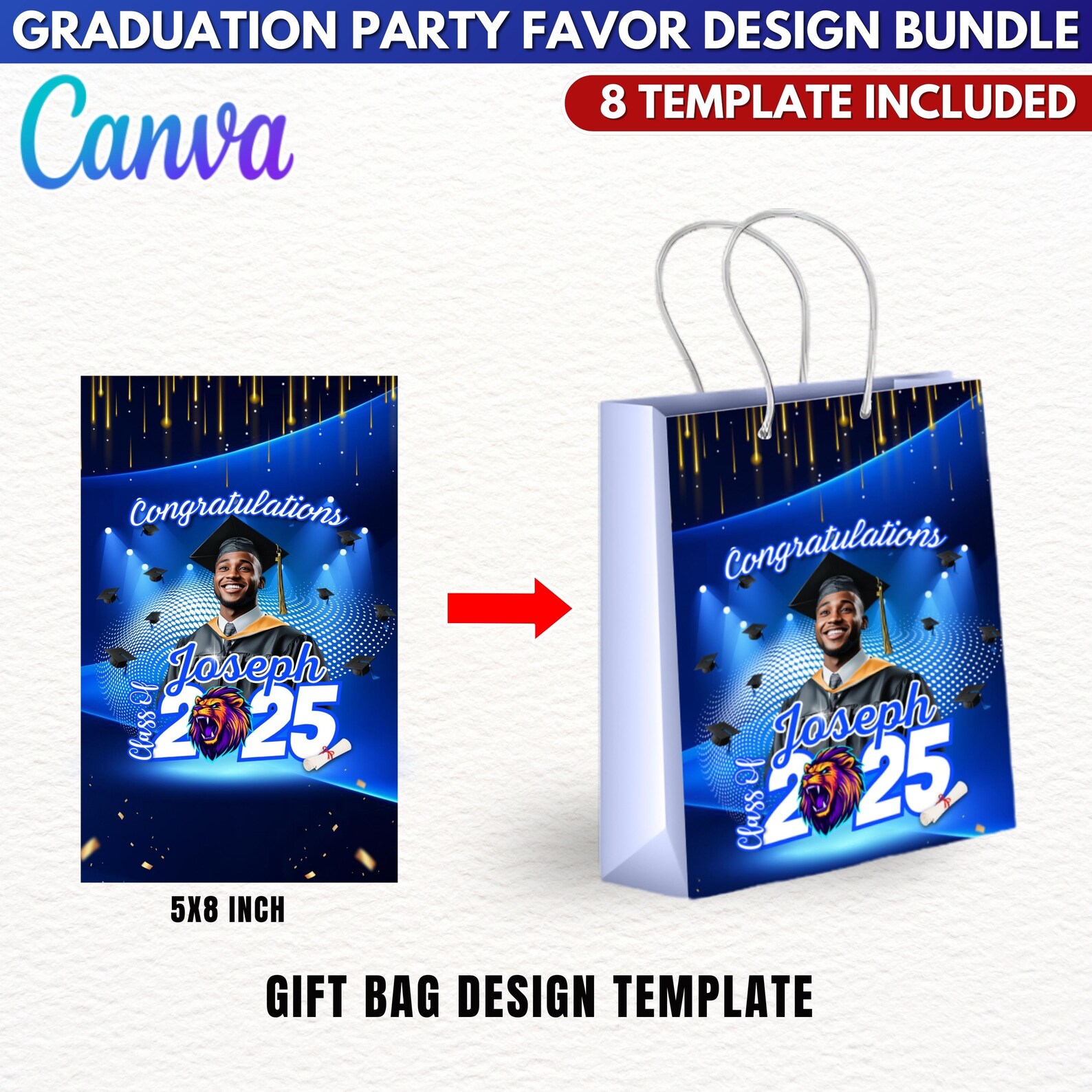 8X Graduation Party Favor Template Bundle, Blue Canva Editable ...