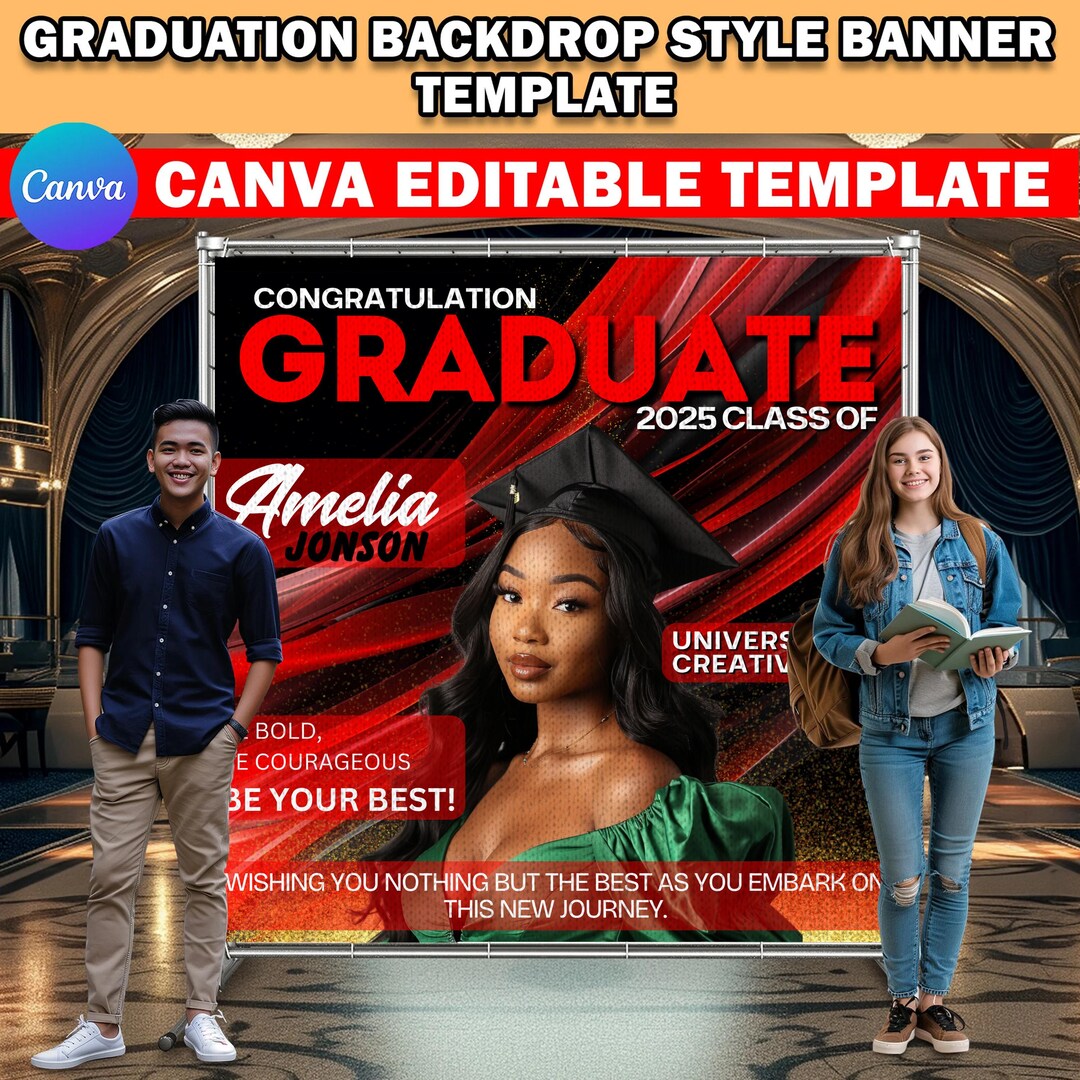 DIY Graduation Magazine Style Backdrop Template, Red Editable Canva ...