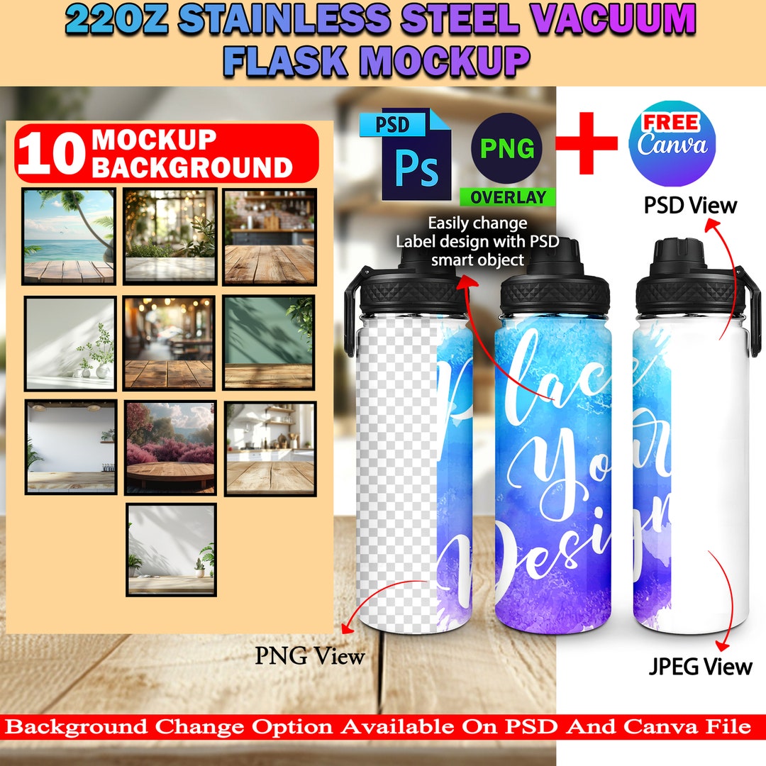 Dye Sublimation 22oz Stainless Steel Vacuum Flask With Screw Top Mockup ...