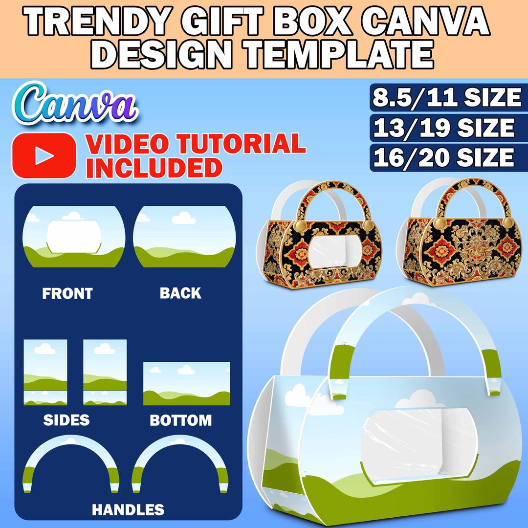 Trendy Hamper Bag Gift Bag Box Canva Template, DIY Designer Purse Gift ...