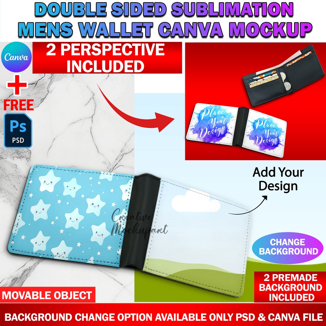 Canva Double Sided Men's Wallet Mockup for Sublimation, Bi Fold Wallet ...