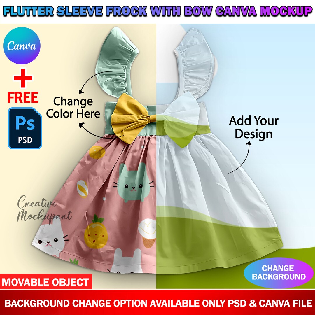 Canva Flutter Sleeve Frock With Bow Mockup, Flutter Sleeve Dress Mockup ...
