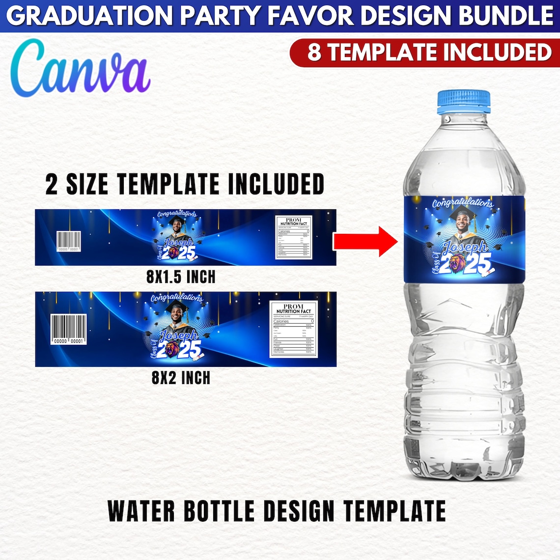 8X Graduation Party Favor Template Bundle, Blue Canva Editable ...