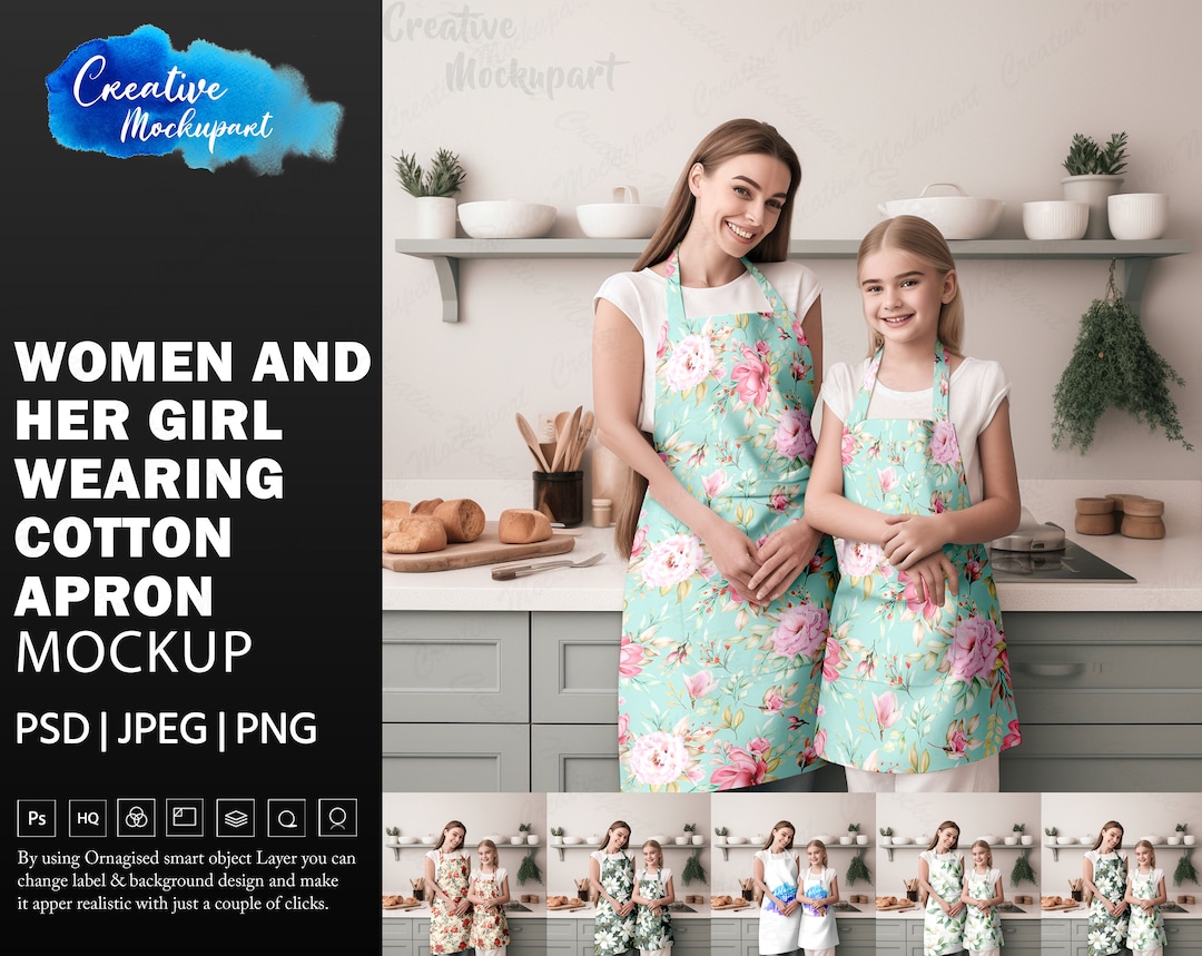 Mom & Daughter Wearing Cotton Apron Mockup | Kitchen Mockup Set | White ...