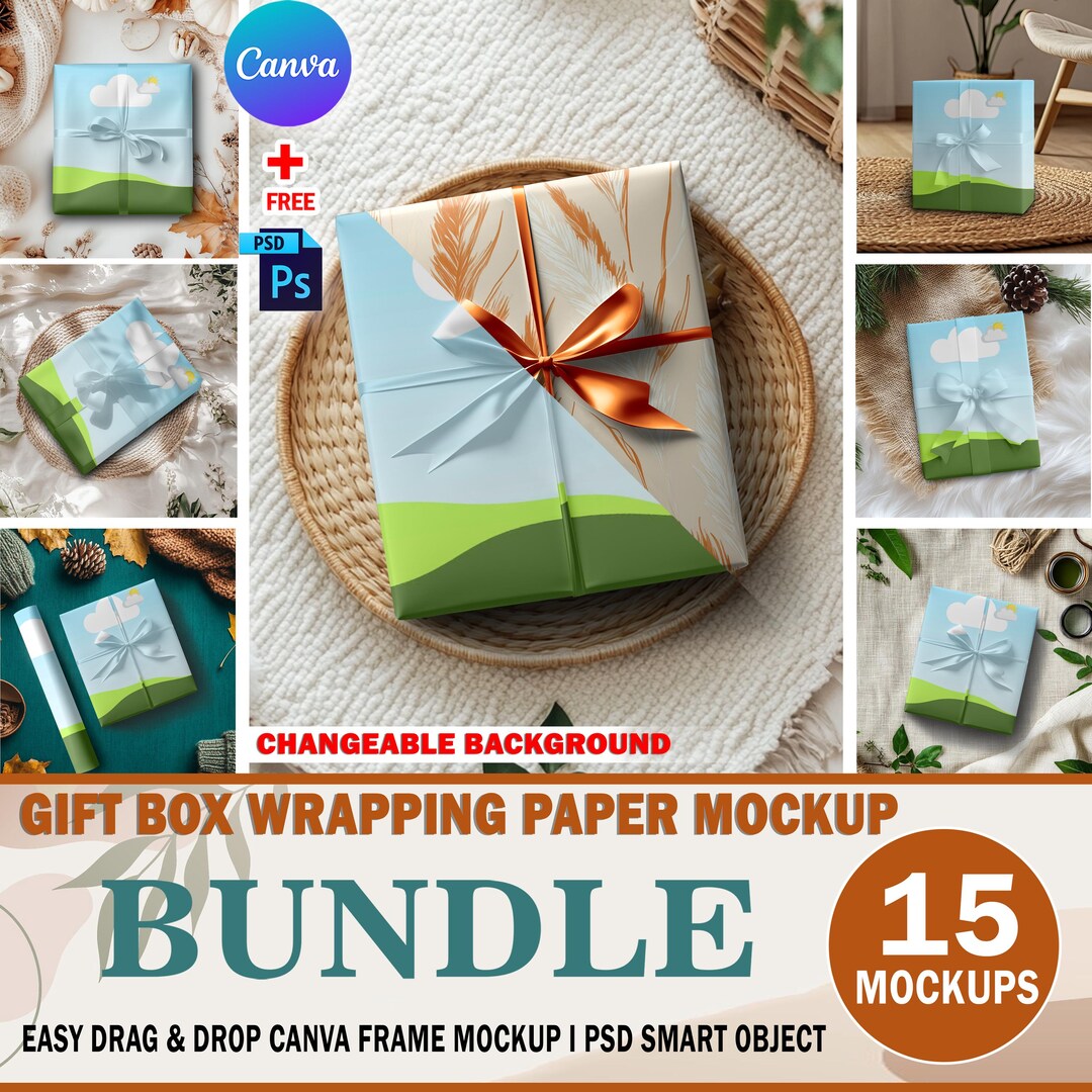 Canva 15x Gift Box & Wrapping Paper Mockup Bundle, Insert Design ...