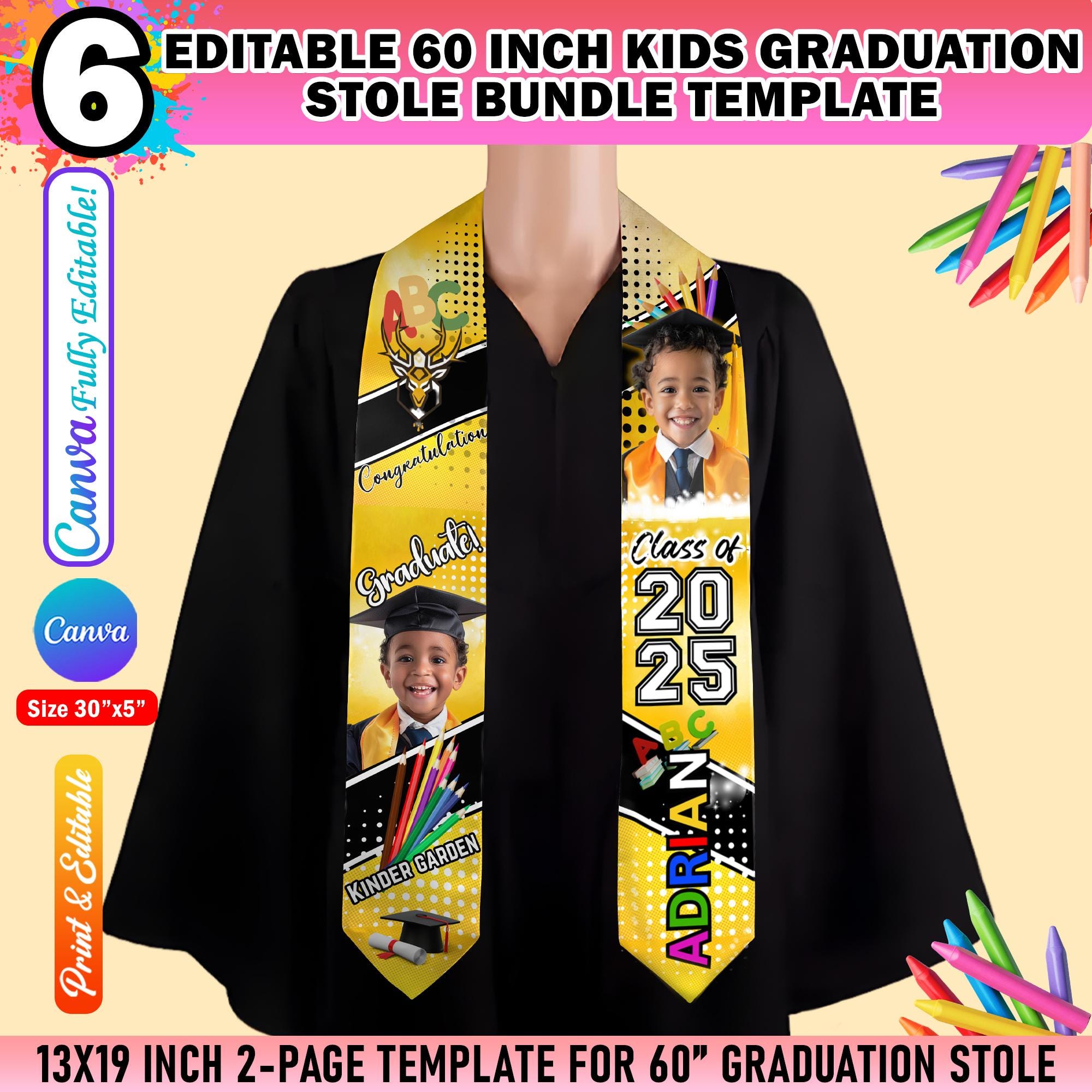 6 Pre-k & Kindergarten Kids Graduation Stole Design Bundle, Kids Sash ...