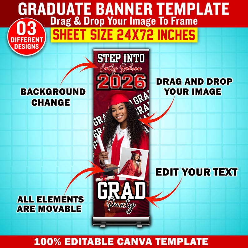 3x Red Graduation Banner Templates for Canva, Editable Class of 2026 ...