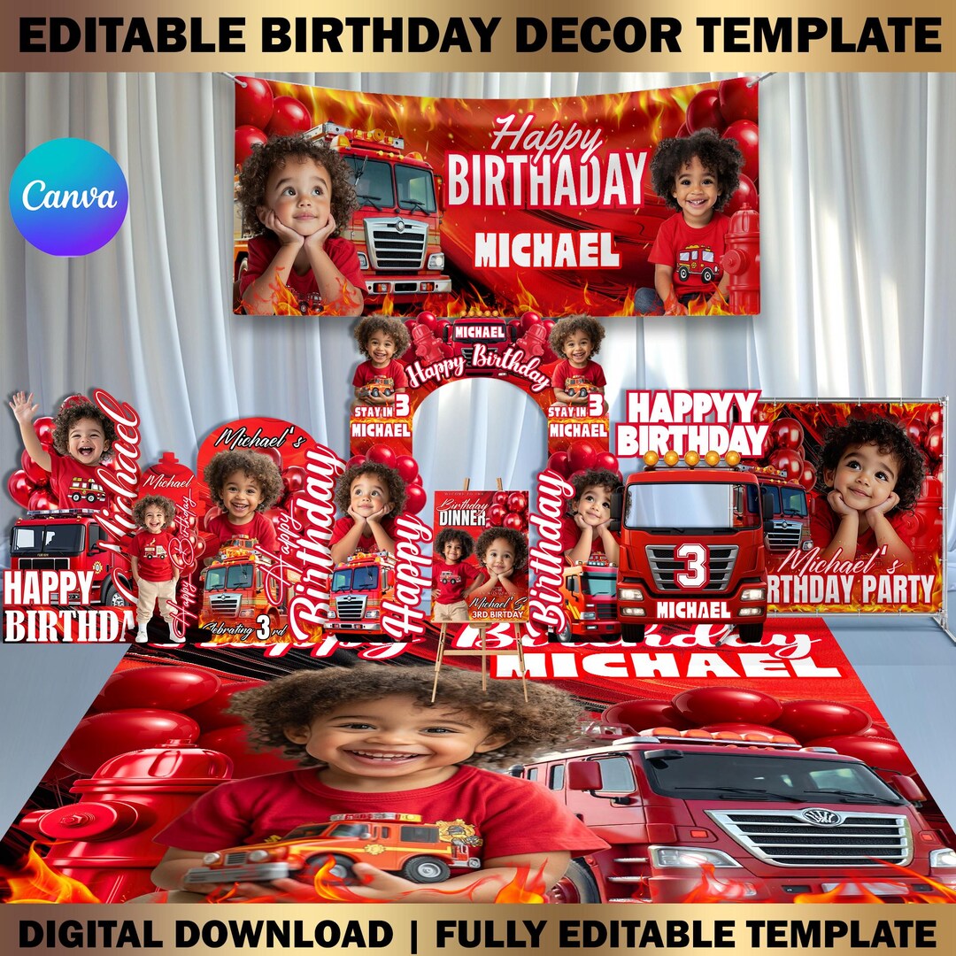 9x Custom Fire Truck Theme Birthday Decor Canva Template Bundle, Name ...
