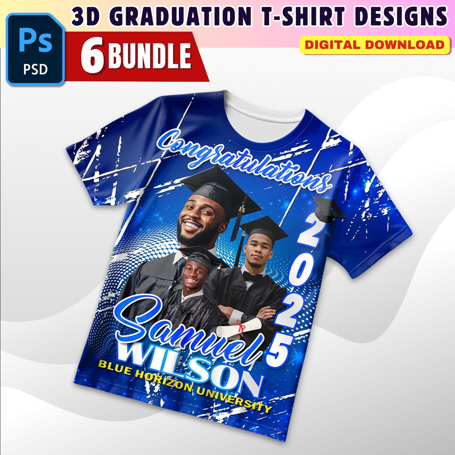 6x Graduation 3D Shirt Design Bundle, Grad T-shirt Design PDS Templates ...