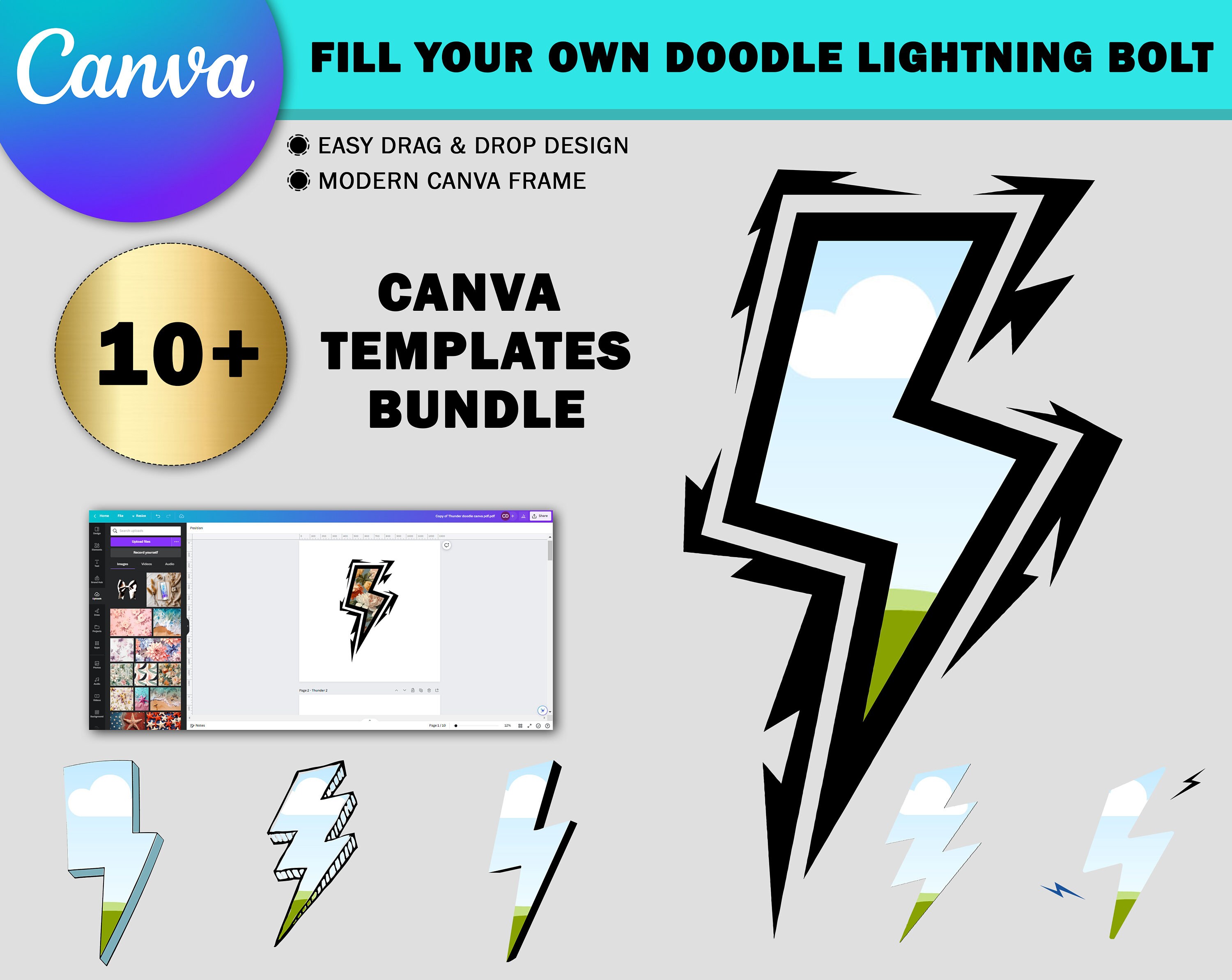 10 Doodle Lightning Bolt Canva Frame Template Bundle | Make Your Own ...