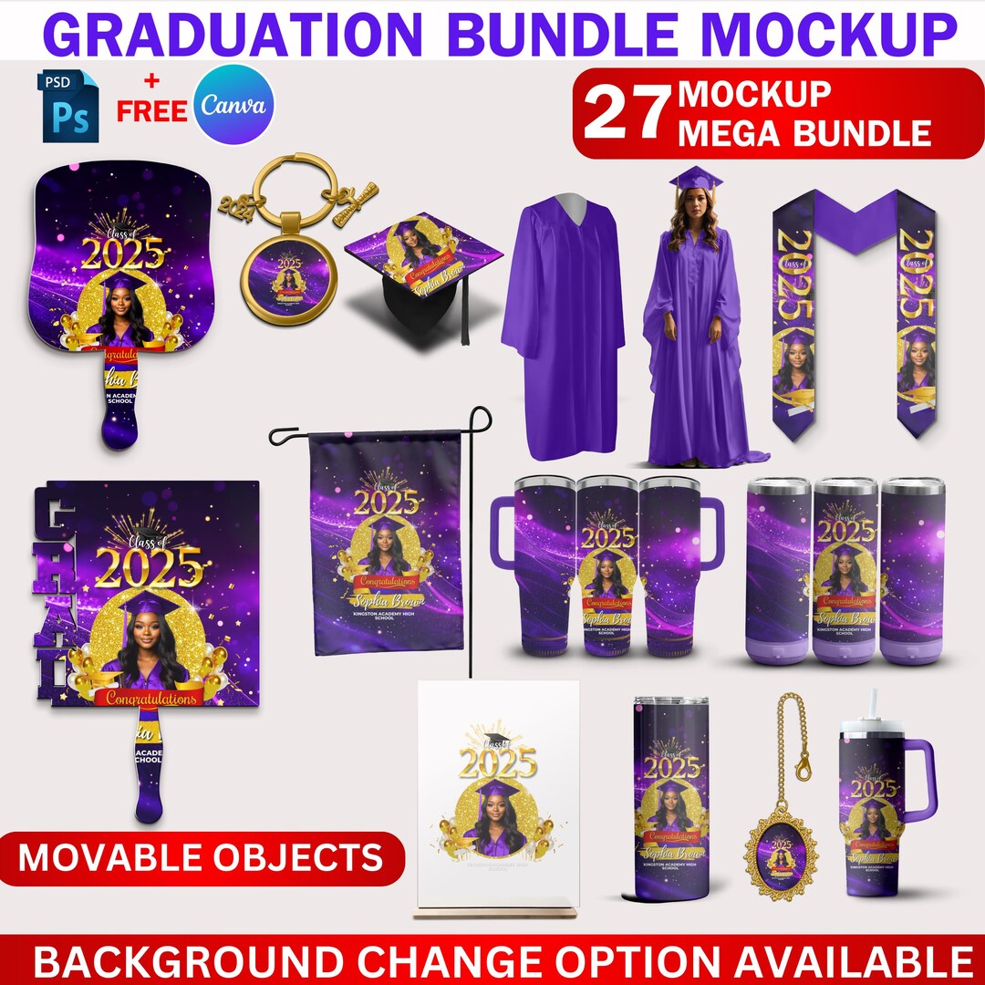 Dye Sublimation Graduation Gift Set Mockup Bundle, Grad Stole, Fan, Pin ...