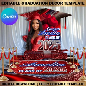 Custom Graduation Decor Canva Template Bundle, Name Cutout, Red & Blue ...