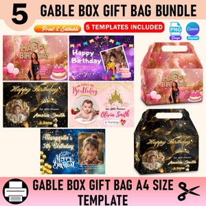 5 Editable Gable Box Gift Bag Design Template Bundle, Birthday Favor ...
