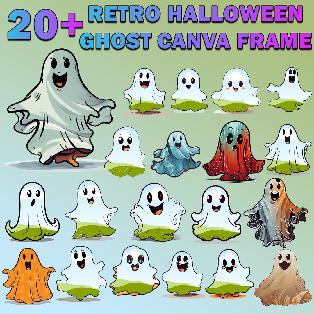 20+ Canva Frame Cute Retro Halloween Ghost Bundle | Make Your Own Cute ...