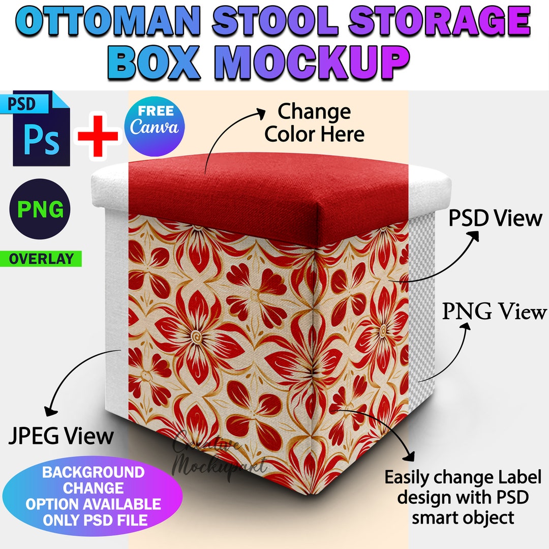 Dye Sublimation Ottoman Stool Storage Box Mockup, Fabric Linen Foldable ...