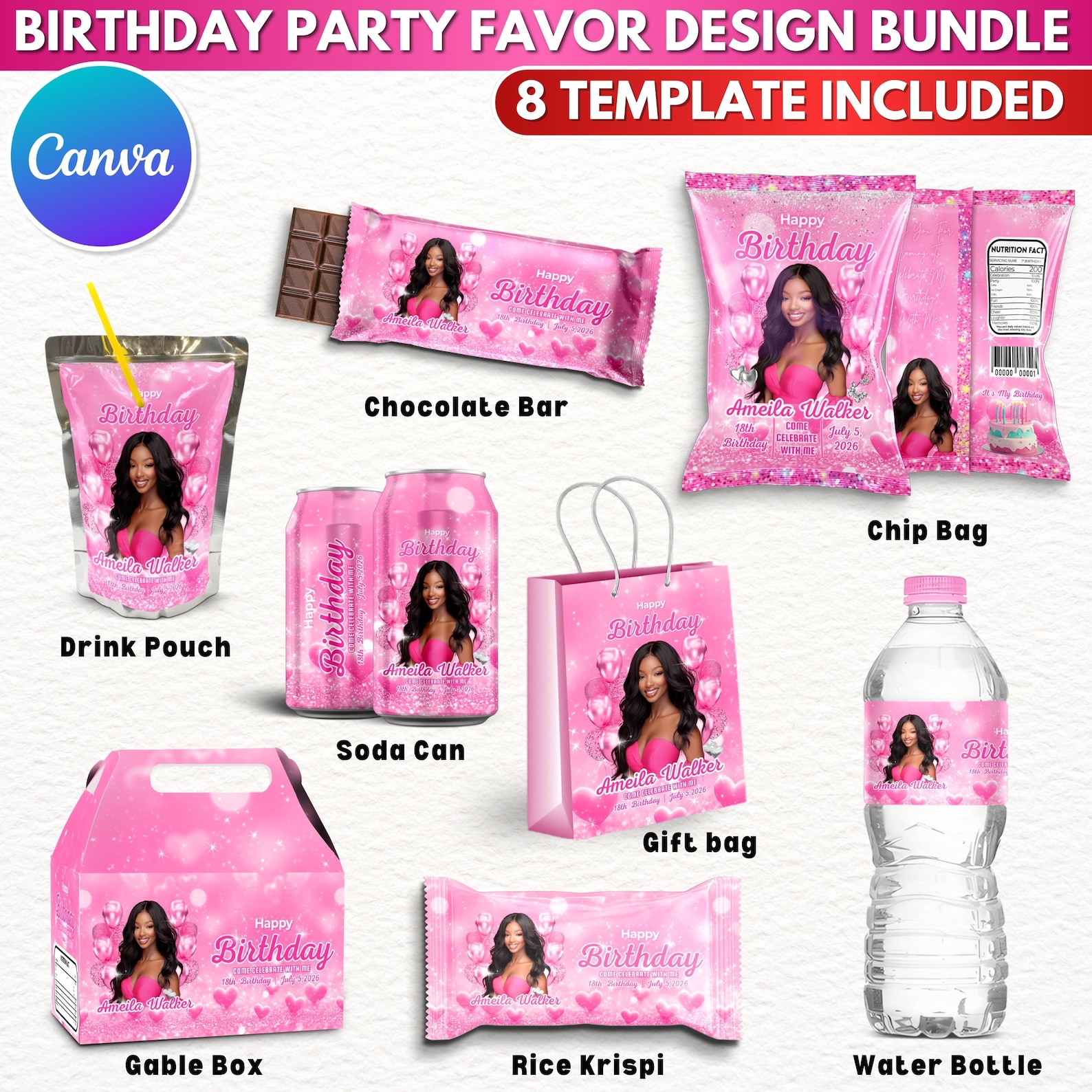 8X Birthday Party Favor Template Bundle, Pink Canva Editable Graduation ...
