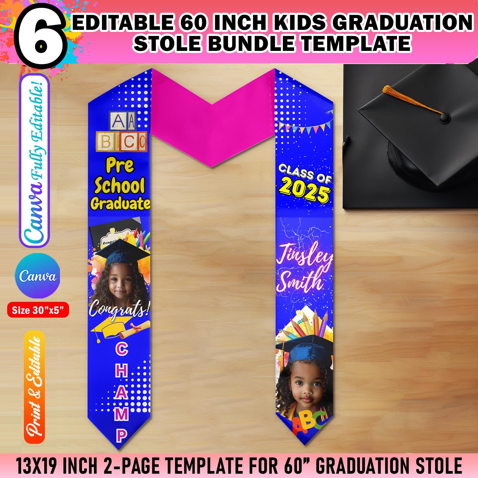 6 Pre-k & Kindergarten Kids Graduation Stole Design Bundle, Kids Sash ...