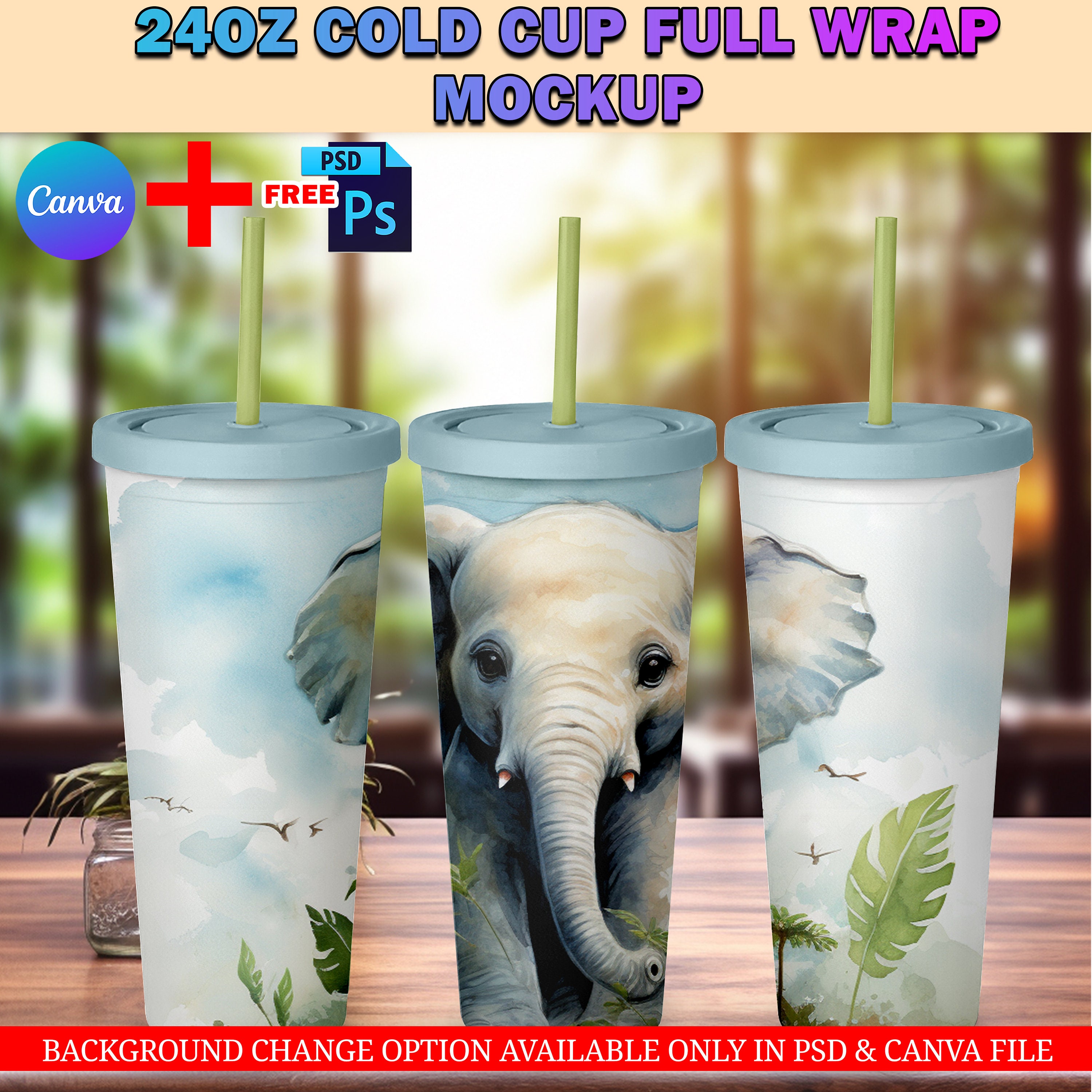 Canva 24oz Cold Cup Full Wrap Mockup, 24oz Cup With Lid and Straw ...
