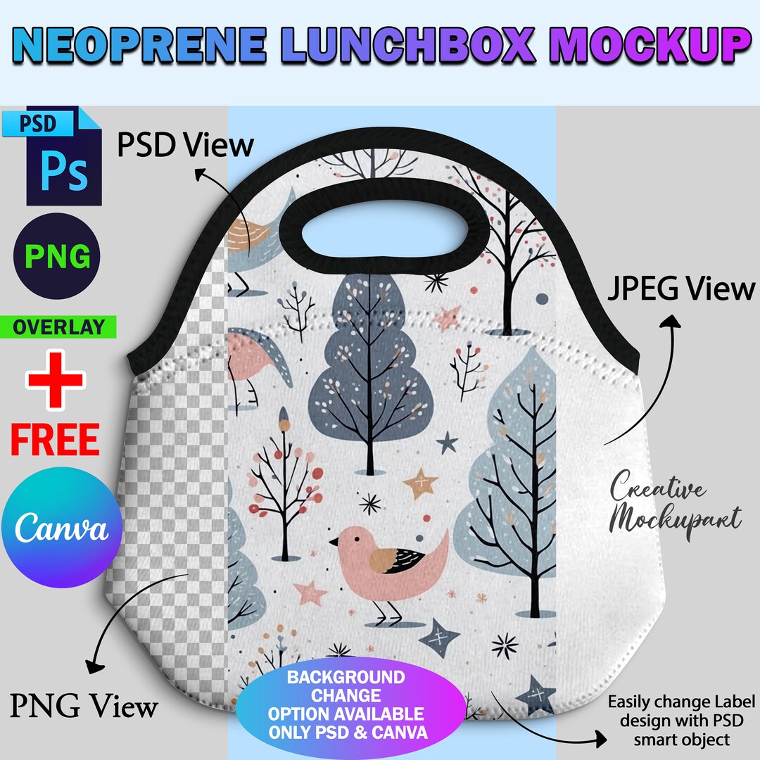 DYE Sublimation Neoprene Handle Lunch Box Mockup, Bento Bag Mockup ...