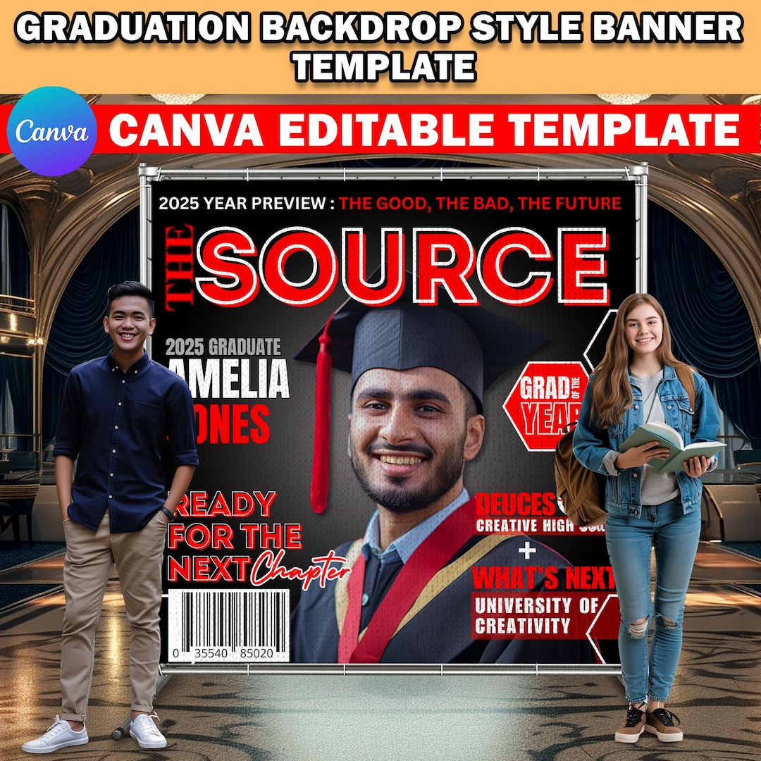Graduation Magazine Style Backdrop Template, Red DIY Editable Canva ...