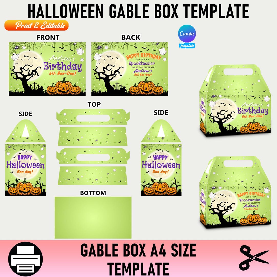 Editable Green Halloween Gable Box Favor Template, Halloween Ghost Gift ...