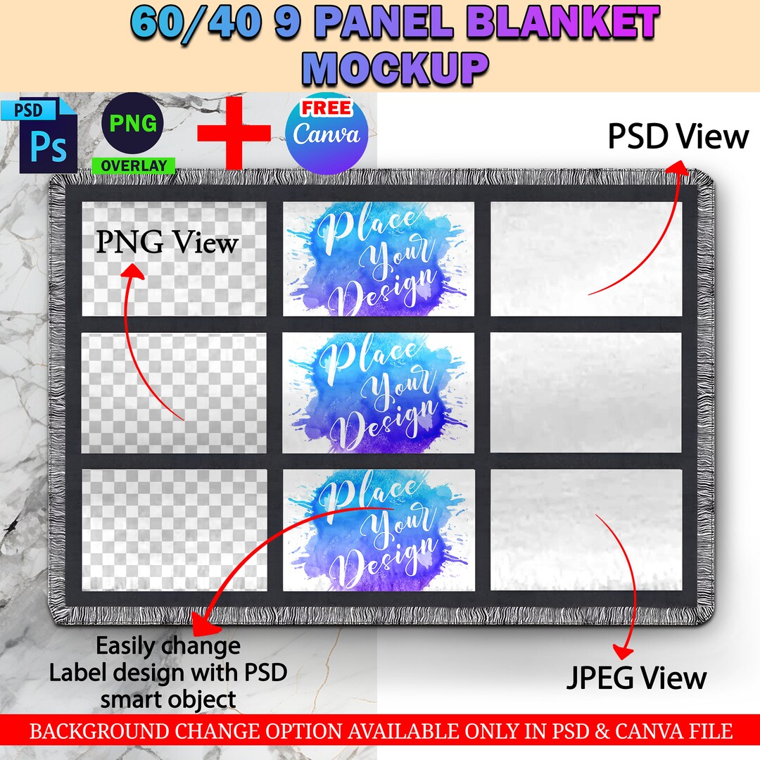 Dye Sublimation 40"x60" 9 Panel Blanket Mockup, 9 Panel Photo Throw ...