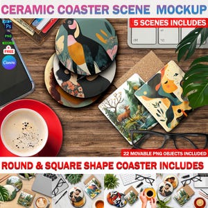PSD 5X Custom Coaster Mockup Scene, Round and Square Coaster Template ...