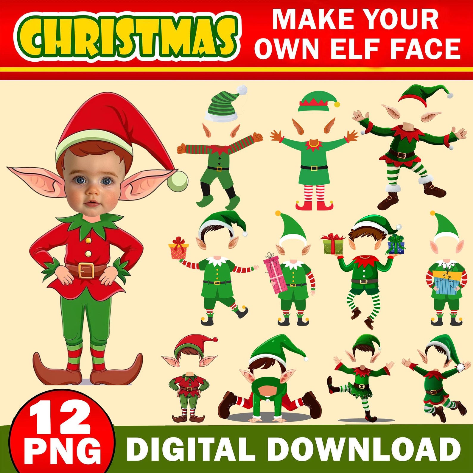 12x Christmas Add Your Own Elf Photo Face, DIY Elf Yourself PNG Bundle ...