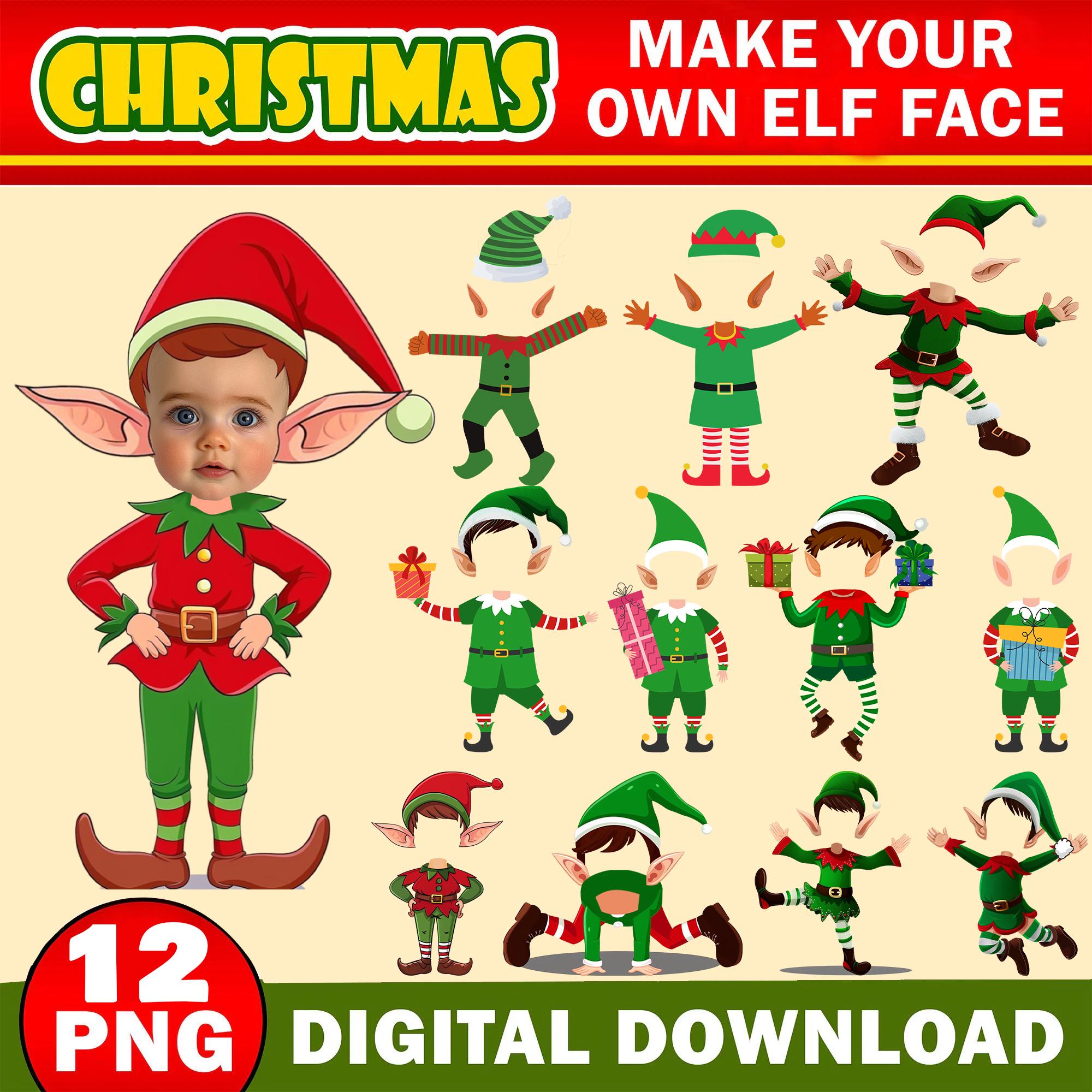 12x Christmas Add Your Own Elf Photo Face, DIY Elf Yourself PNG Bundle ...