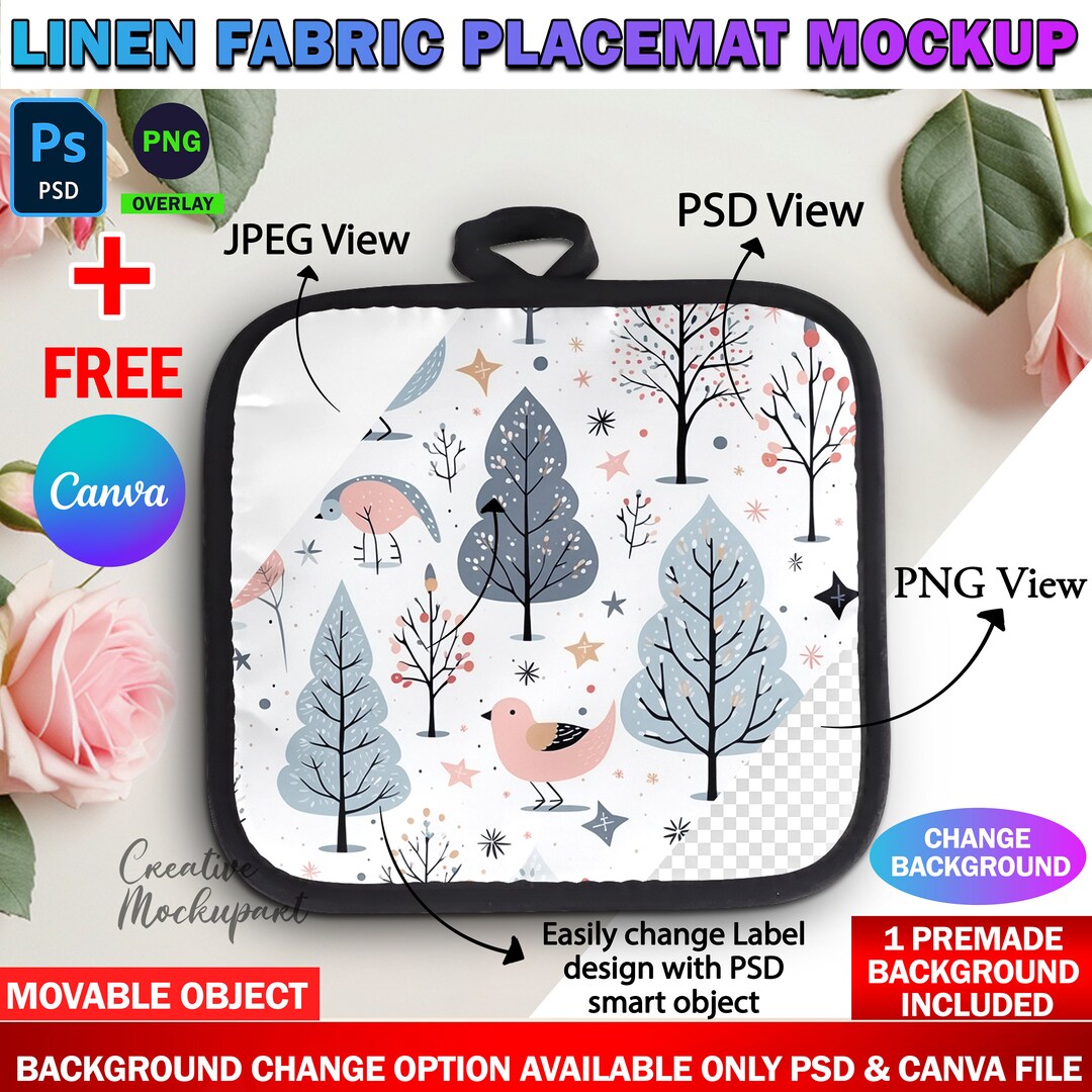 Dye Sublimation Square Linen Fabric Placemat Mockup, Table Mat Mockup ...