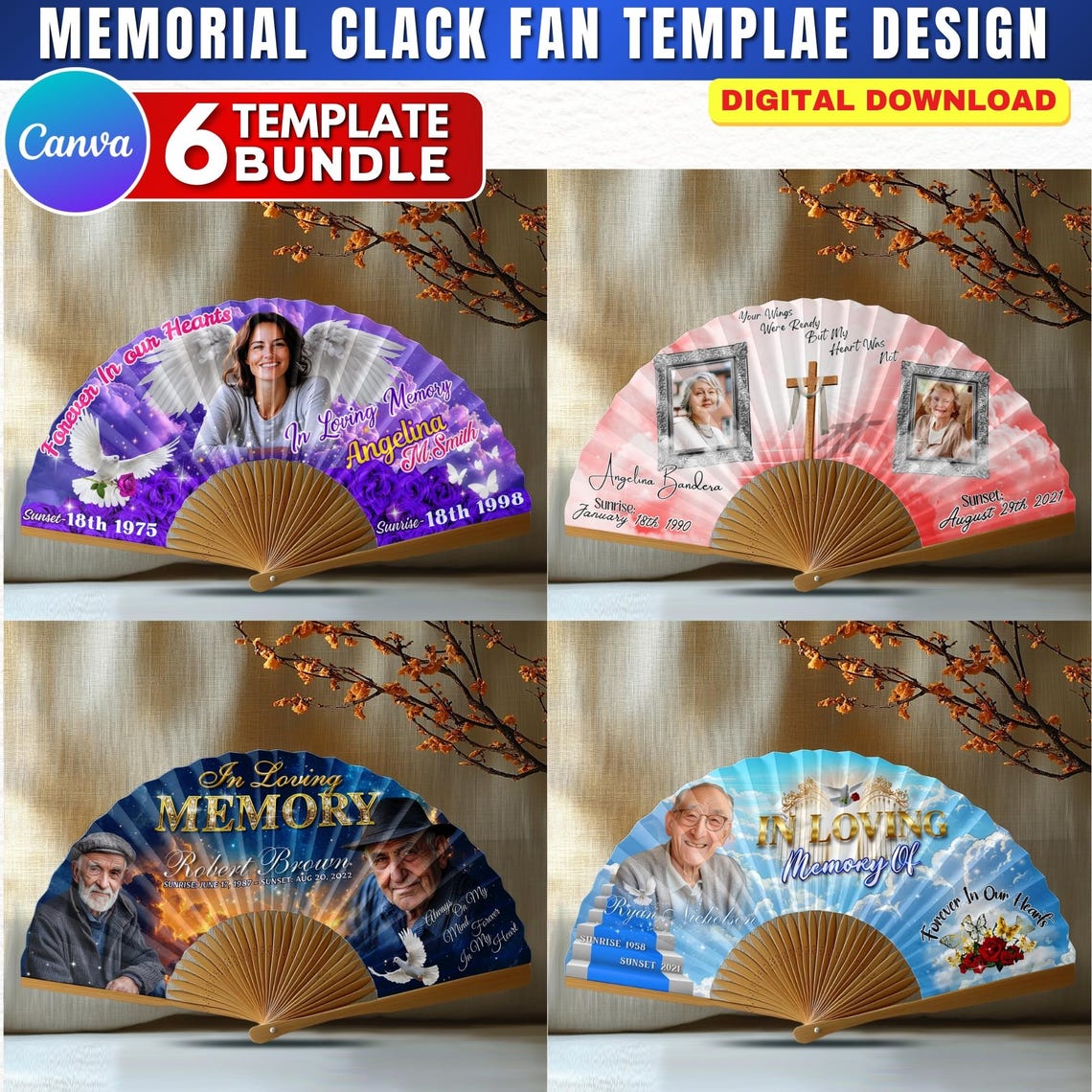 6x Clack Fan Memorial Design Canva Templates, Fully Editable Drag ...