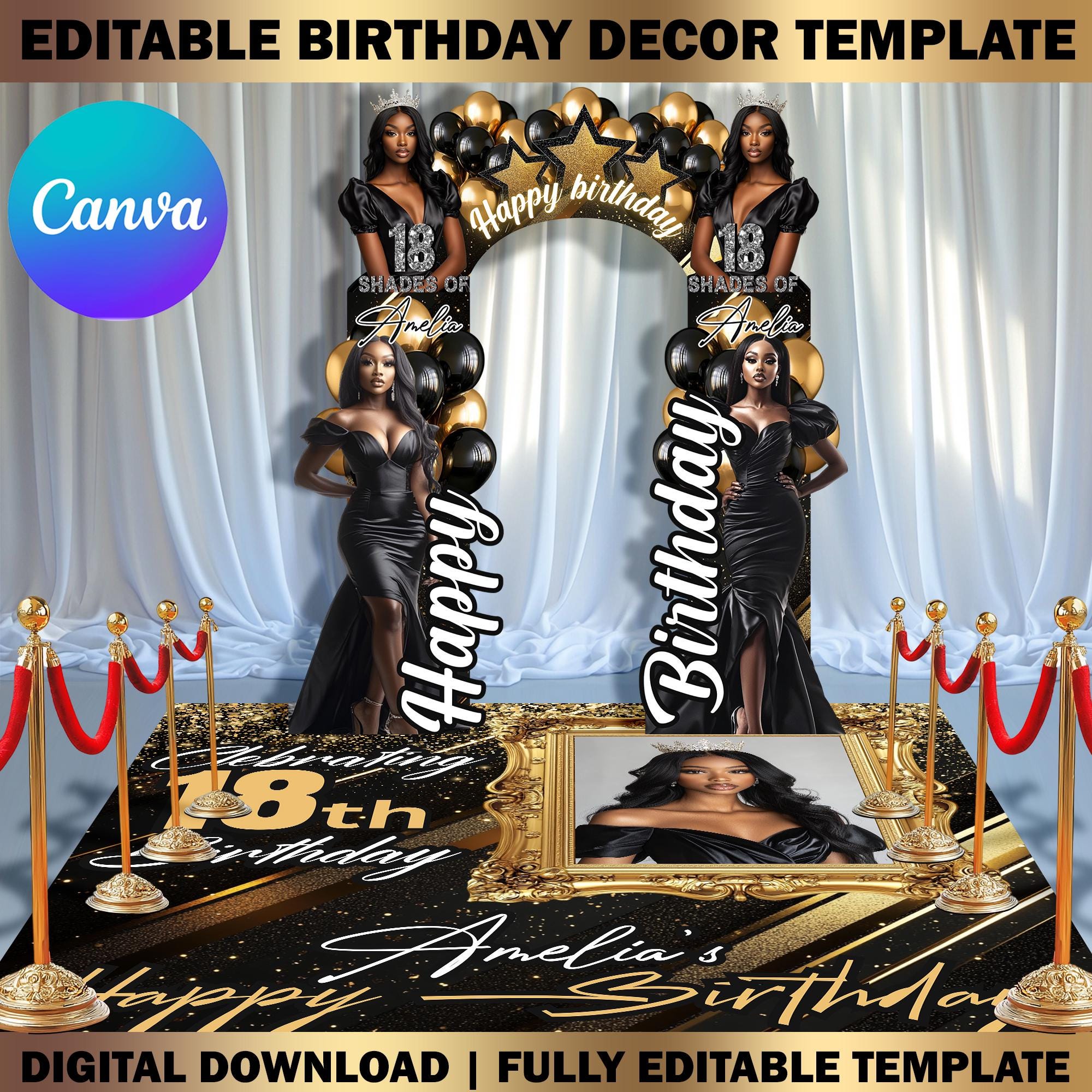 Custom Birthday Decor Canva Template Bundle, Name Cutout, Black & Gold ...