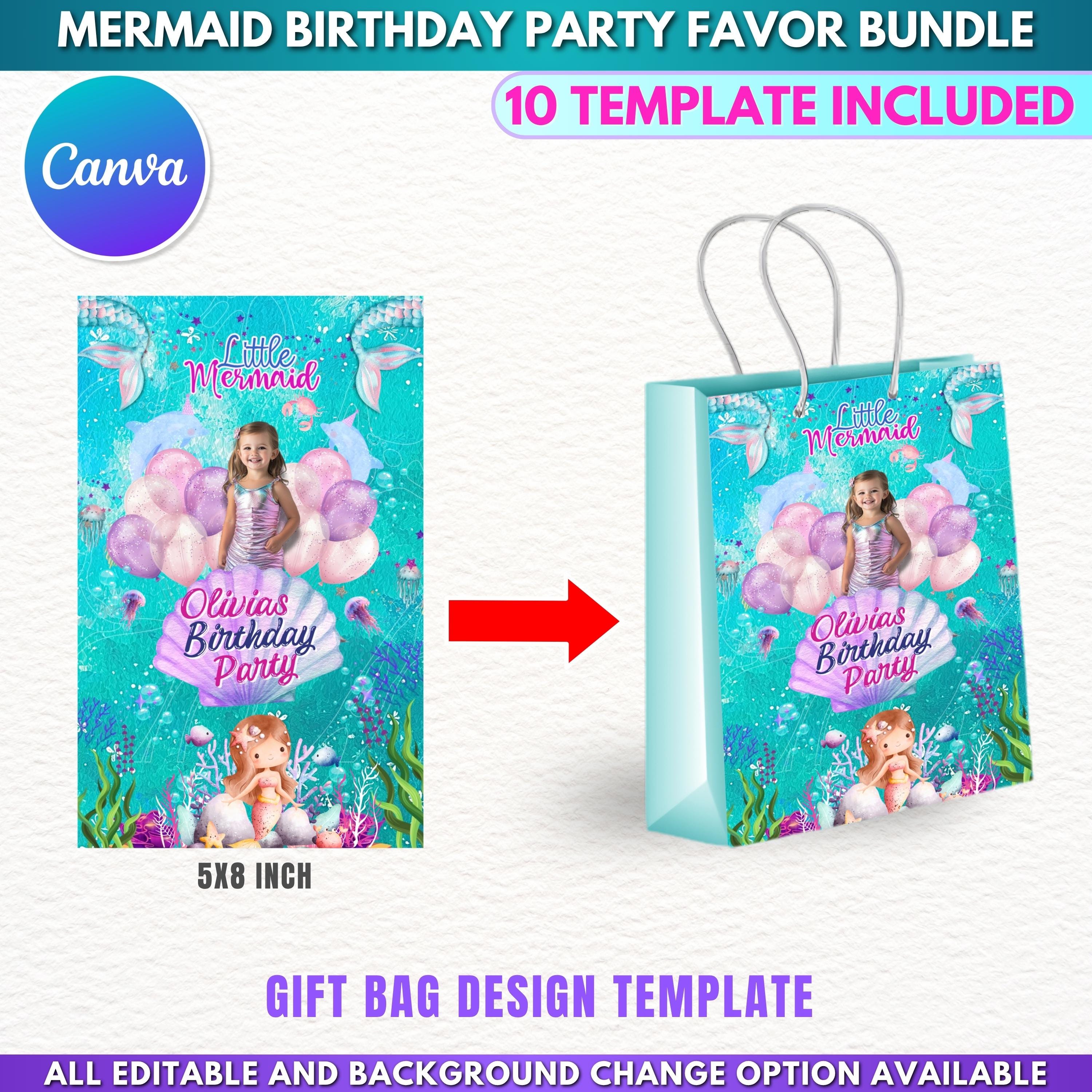 10x Mermaid Theme Birthday Party Favor Template Bundle, Canva Fully ...