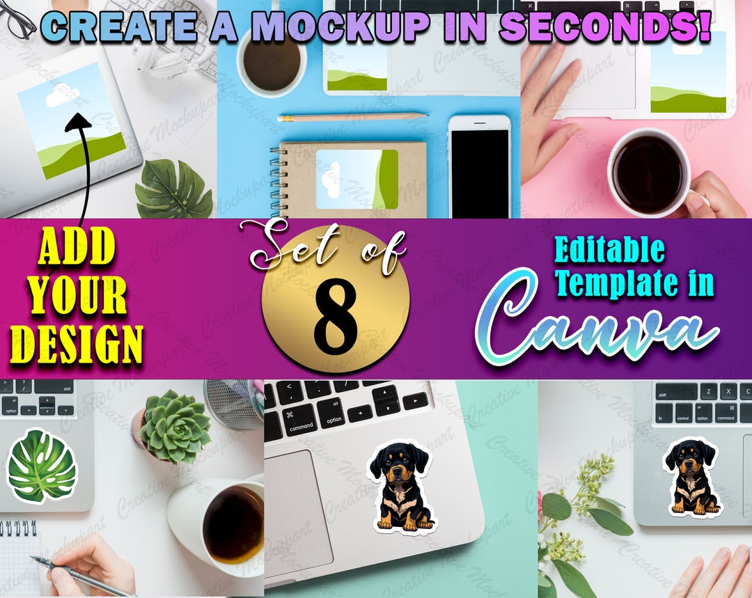 Canva Frame 8 Laptop Sticker Bundle Mockup| MacBook Sticker Mockup ...