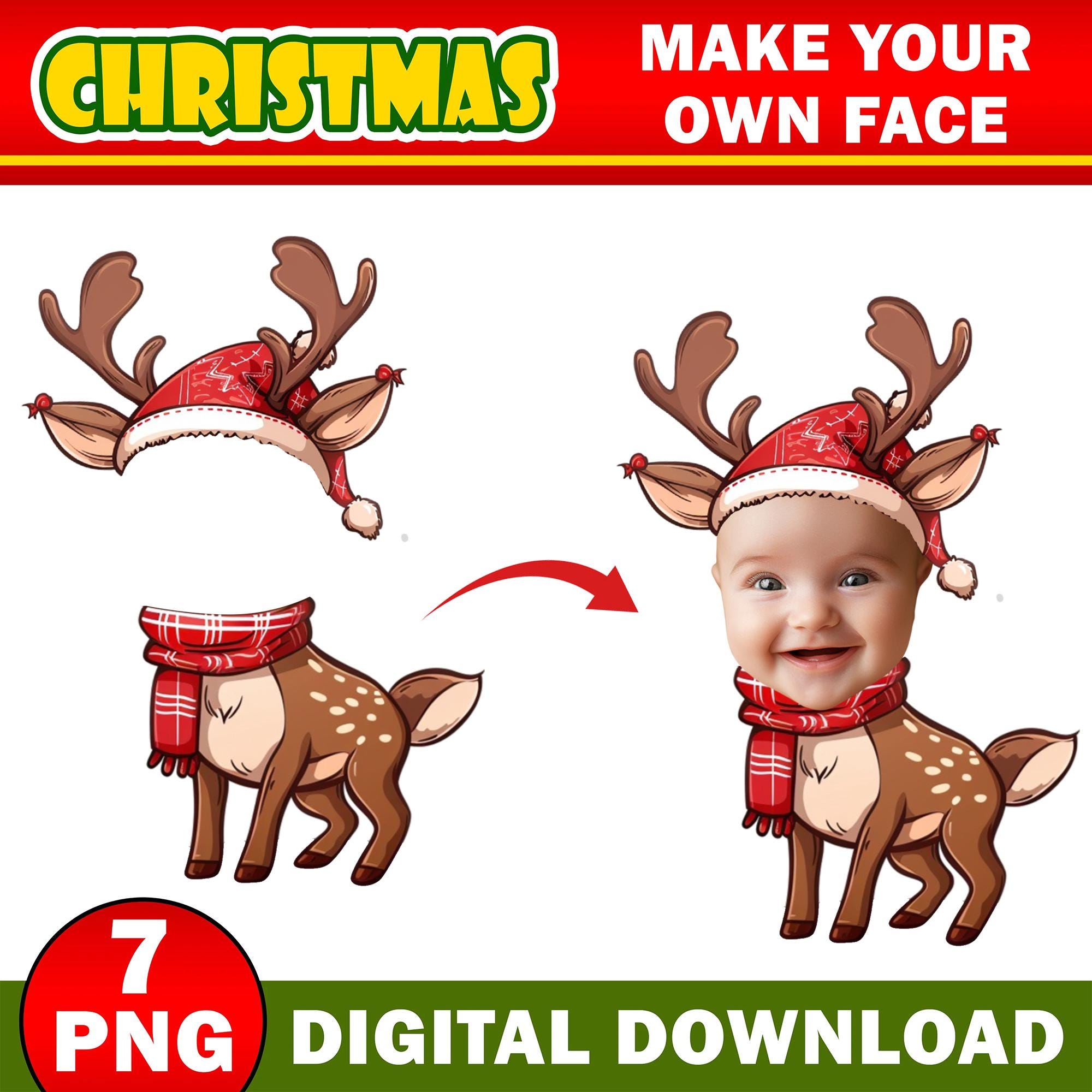 Christmas Add Your Own Photo Face, DIY Reindeer Yourself PNG Bundle ...