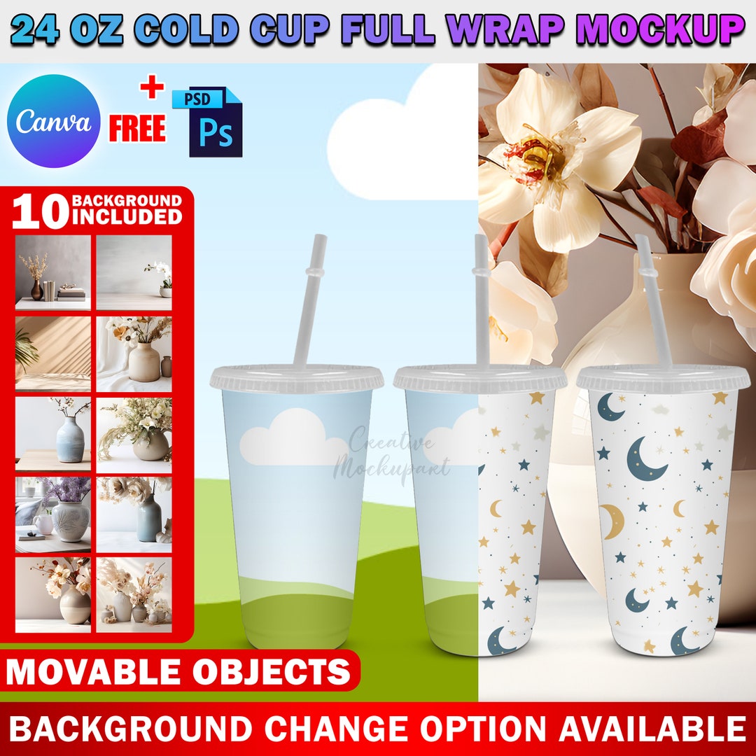 Canva 24oz Cold Cup Full Wrap Mockup, 24oz Tapered Cup With Lid and ...