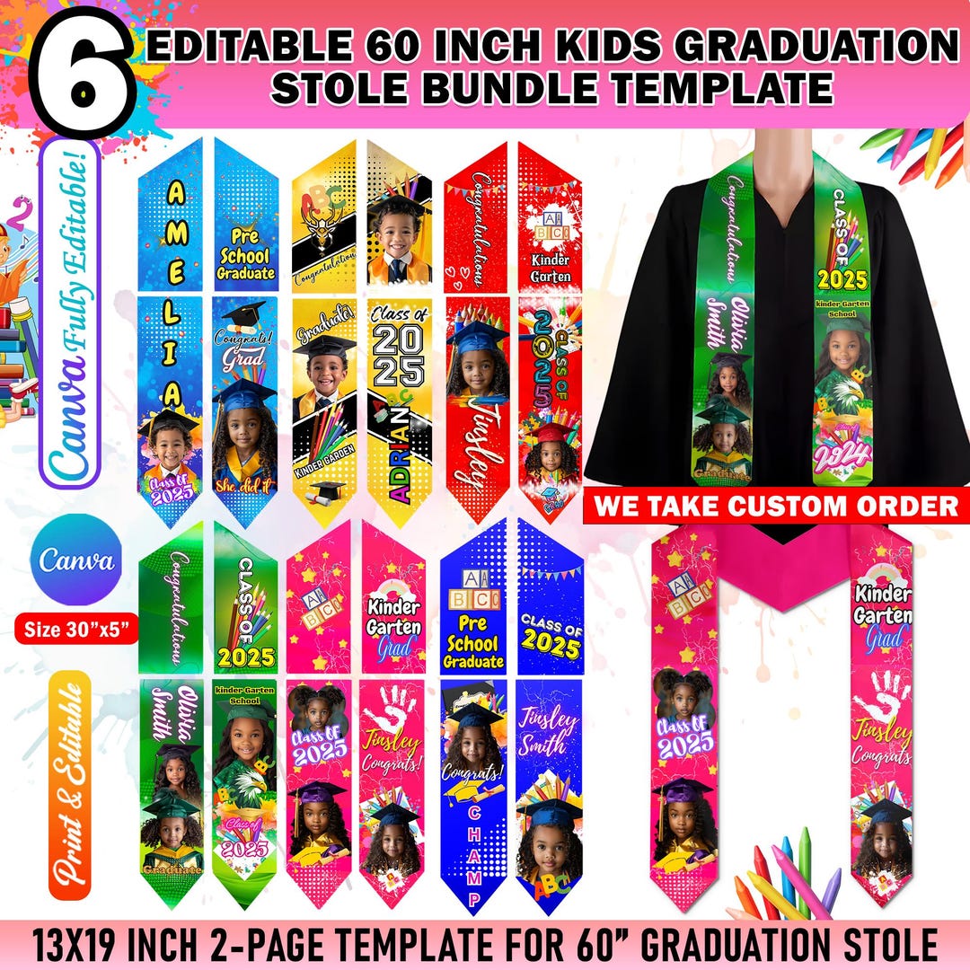 6 Pre-k & Kindergarten Kids Graduation Stole Design Bundle, Kids Sash ...