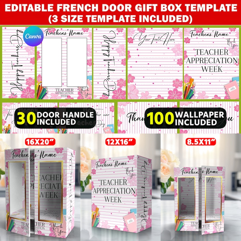 Teacher’s Appreciation Day French Door Gift Box Template, 8.5X11, 12X16 ...