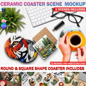 PSD 5X Custom Coaster Mockup Scene, Round and Square Coaster Template ...
