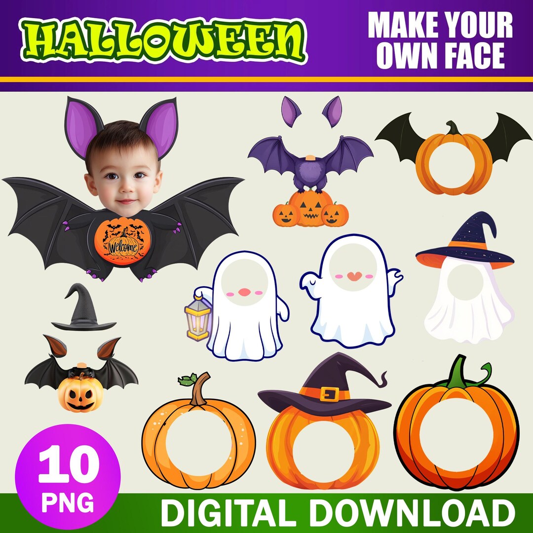 10x Halloween Add Your Own Photo Picture PNG Bundle, Bat Boo Cute Ghost ...