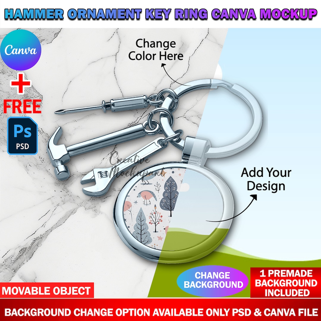 Dye Sublimation Hammer Ornament Key Ring Mockup, DIY Keyring Fix Tool ...