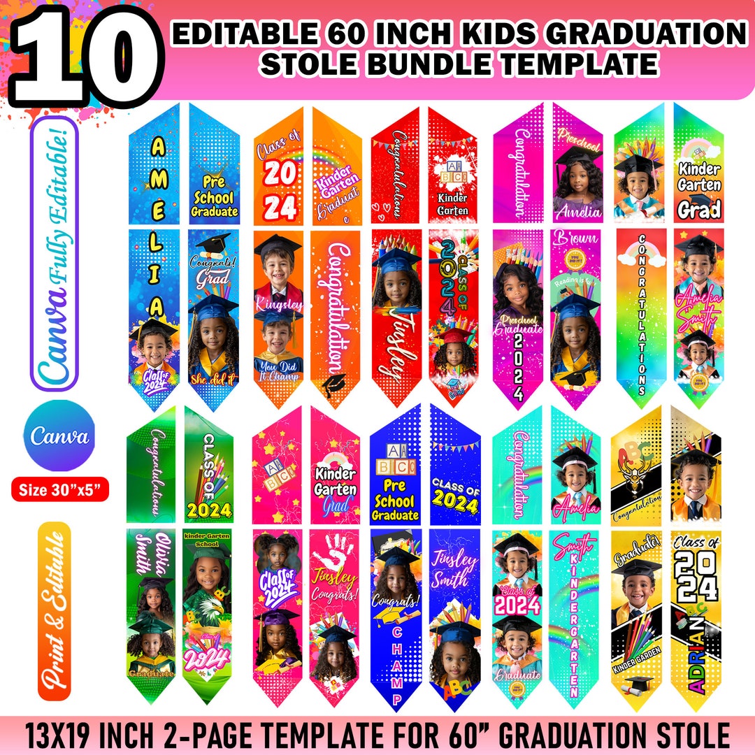10 Pre-k & Kindergarten Kids Graduation Stole Design Bundle, Kids Sash ...