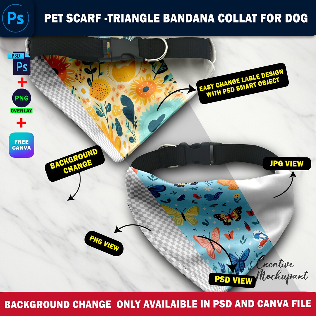 Dye Sublimation Pet Scarf Mockup, Triangle Bandana With Collar Mockup ...